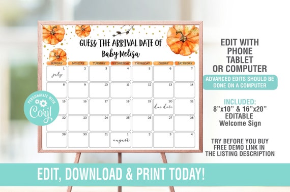 Pumpkin Baby Due Date Calendar Game EDITABLE Pumpkin Baby - Etsy
