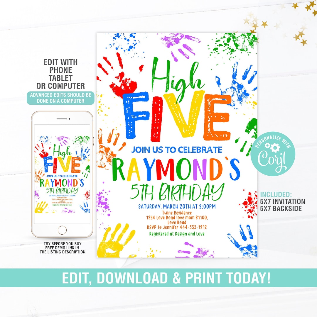 High Five Birthday Invitation, High Five Invite EDITABLE, High Five ...