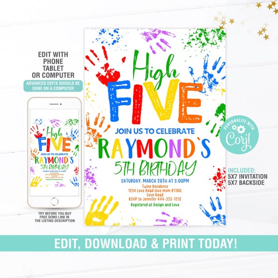 High Five Birthday Invitation, High Five Invite EDITABLE, High Five ...