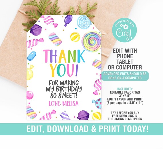 Candy Party Tags EDITABLE Candy Land Party Favor Tags Sweet - Etsy