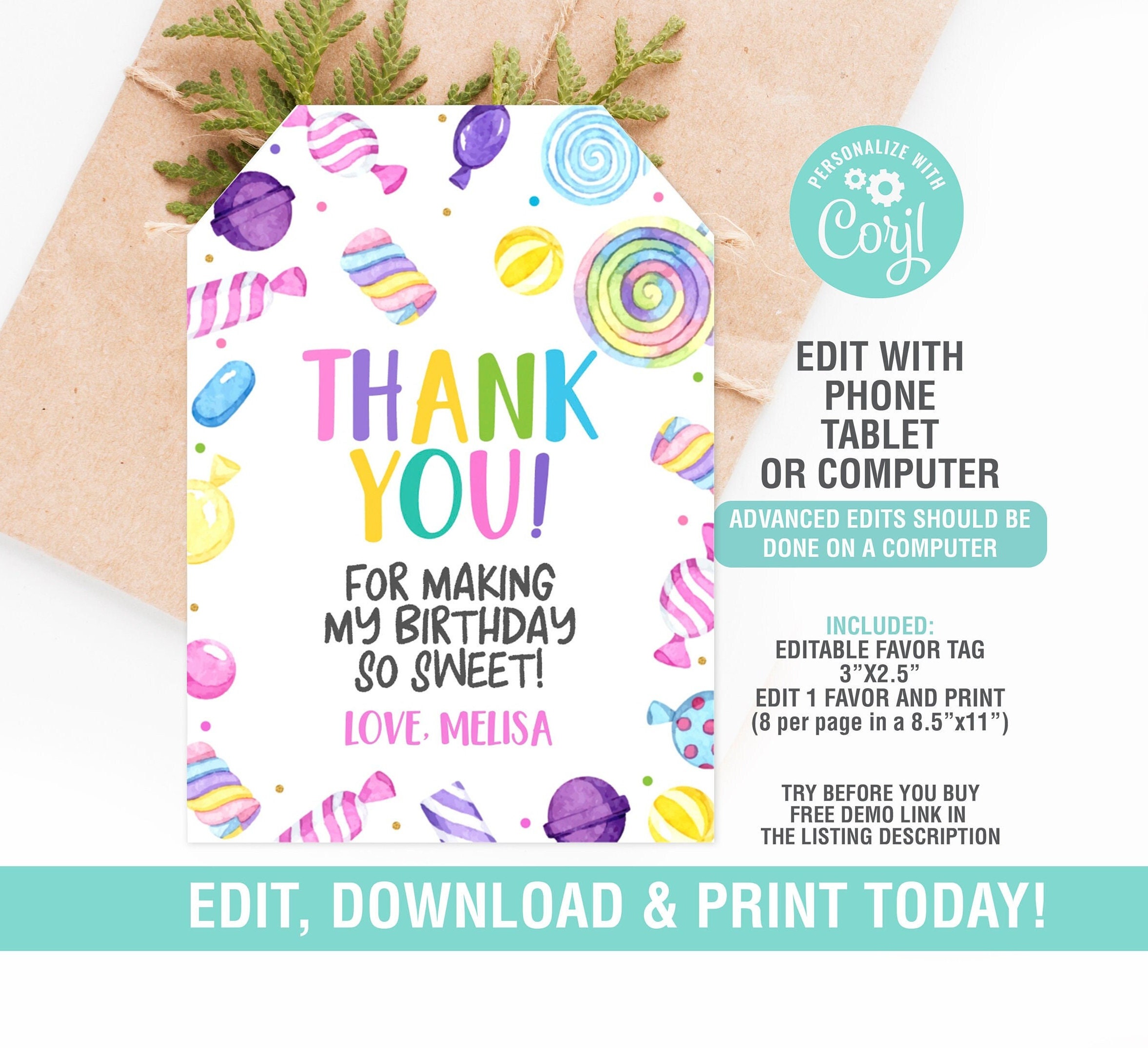 Candy Party Tags EDITABLE Candy Land Party Favor Tags Sweet - Etsy