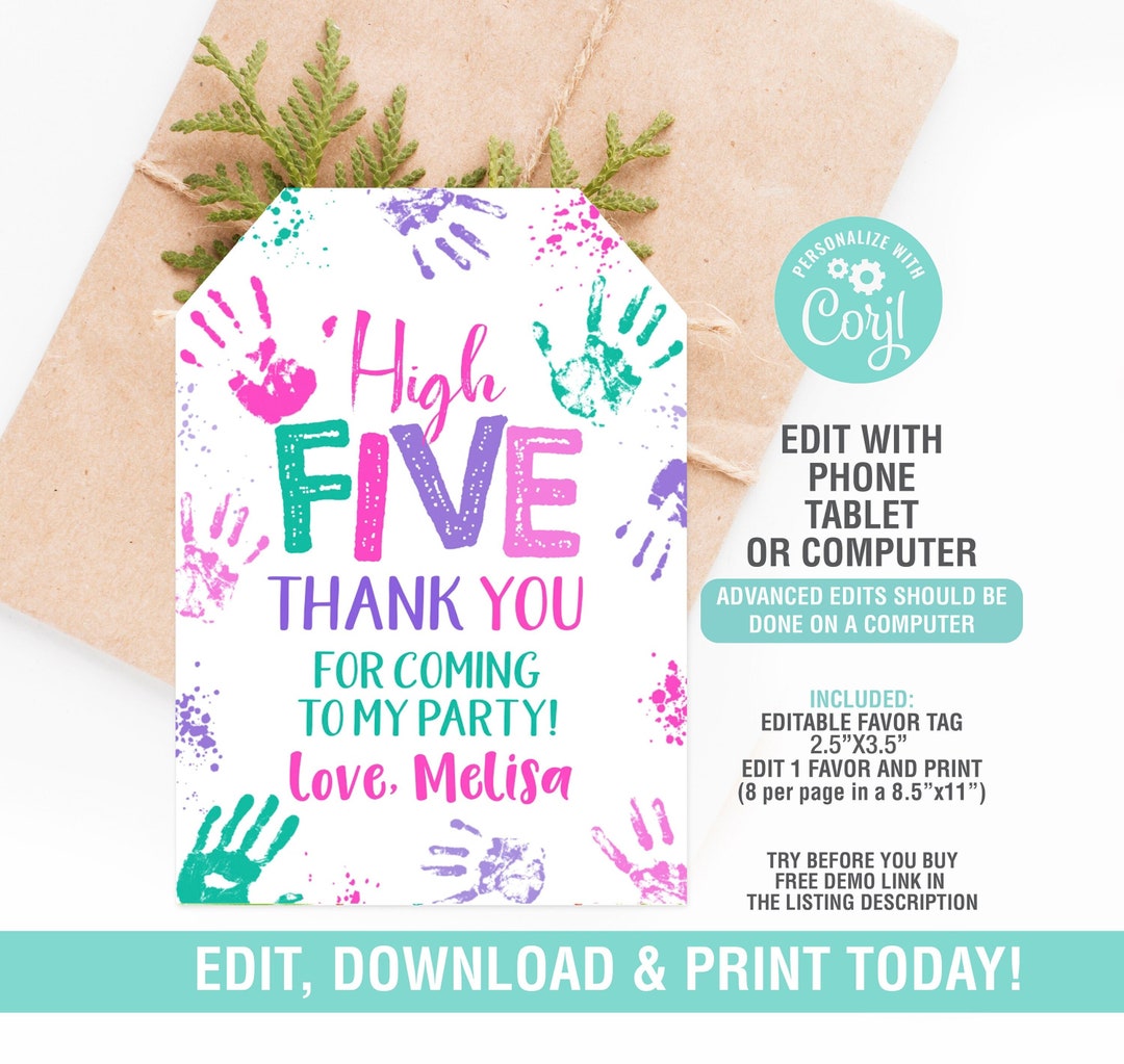 High Five Thank You Tag, High Favor Tag EDITABLE, High Five Birthday ...