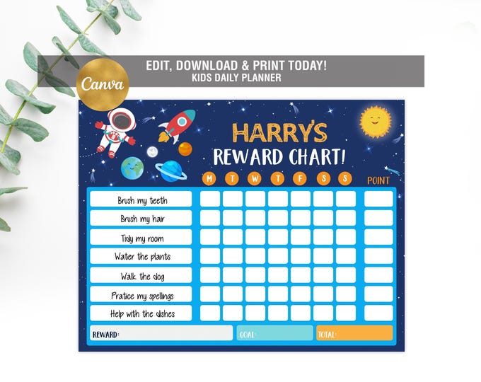 EDITABLE Space Reward Chart Outer Space Rocket Ship Astronaut Solar ...