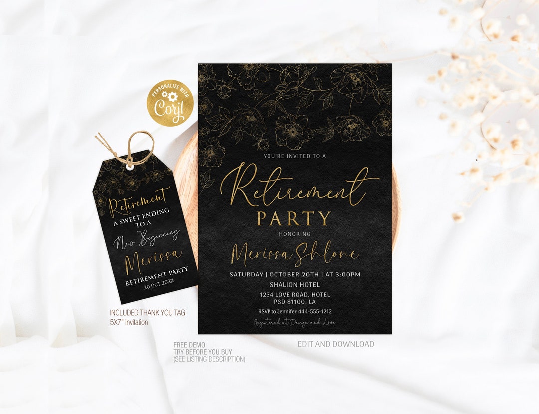 Retirement Invitation Editable, Modern Retirement Invite, Black and ...