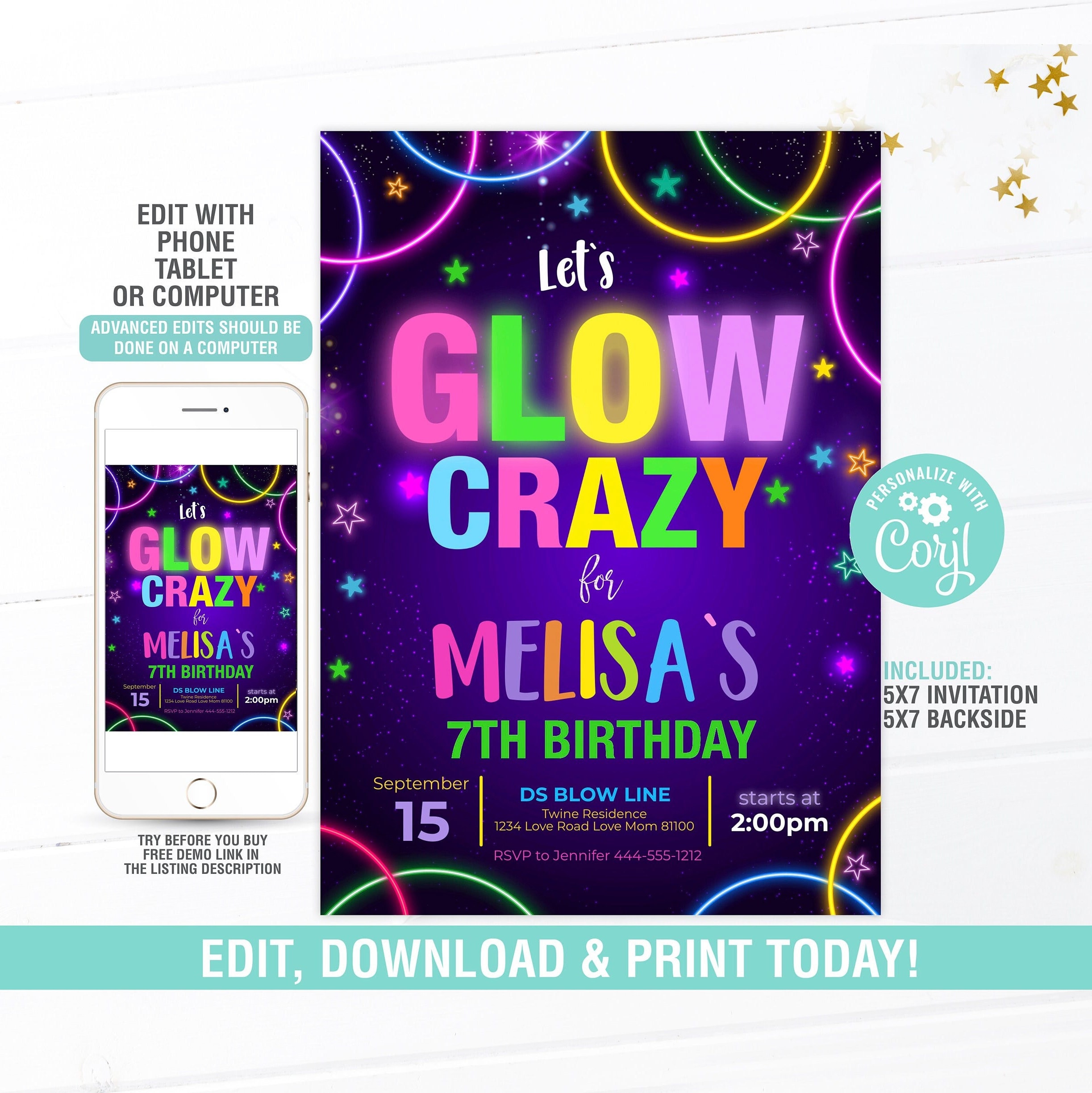 Glow Invitation EDITABLE Lets Glow Crazy Invitation Neon - Etsy