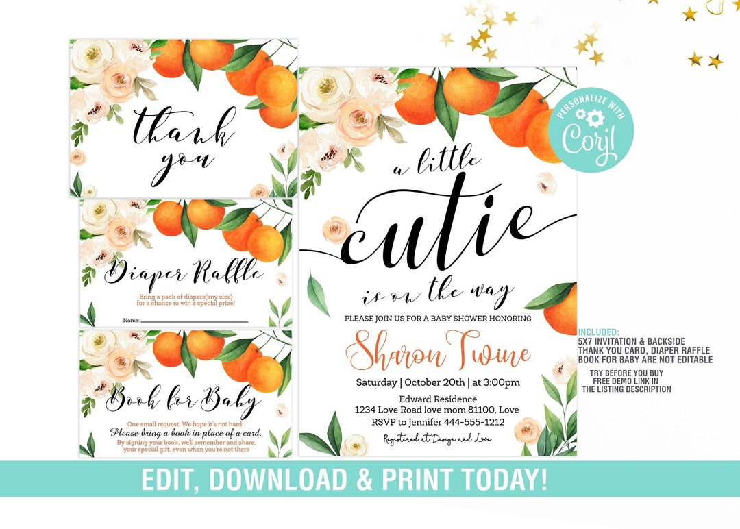 Orange Baby Shower Invitation Set EDITABLE, A Little Cutie Orange ...