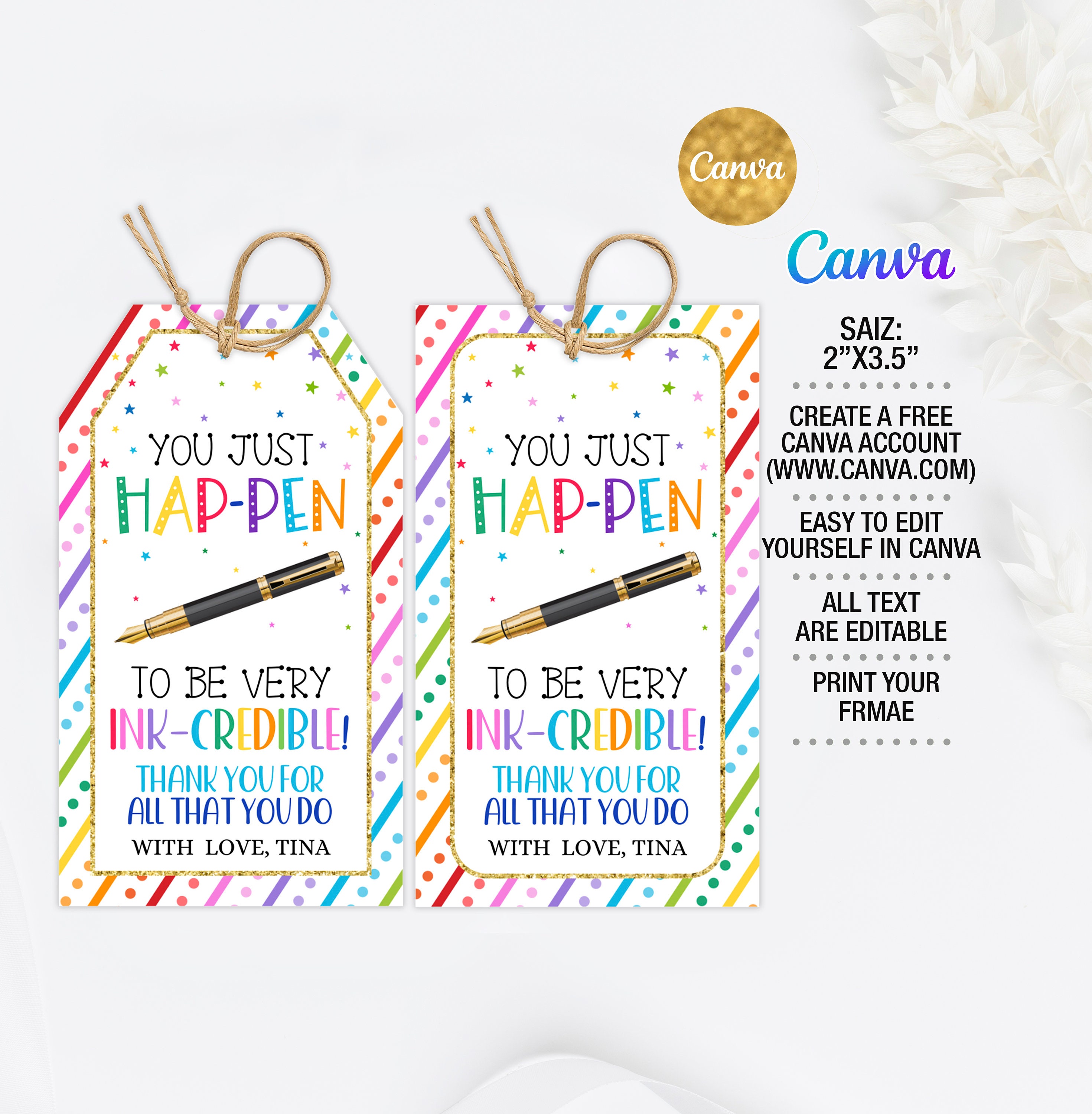 Teacher Appreciation Tags Editable, School Pen Gift Tag, Appreciation ...