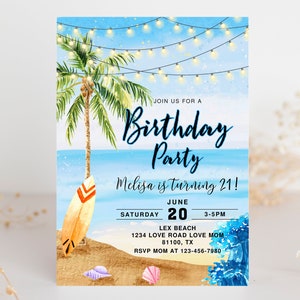 Beach Birthday Party Invitation, Summer Ocean Party Template Surf up ...