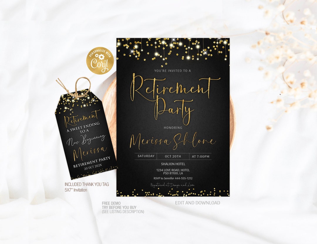 Retirement Invitation Editable, Modern Retirement Invite, Black and ...