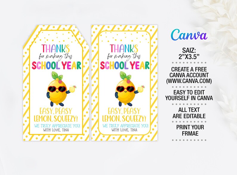 Lemonade Gift Tags Teacher Appreciation Editable, Summer Tag,easy Peasy ...