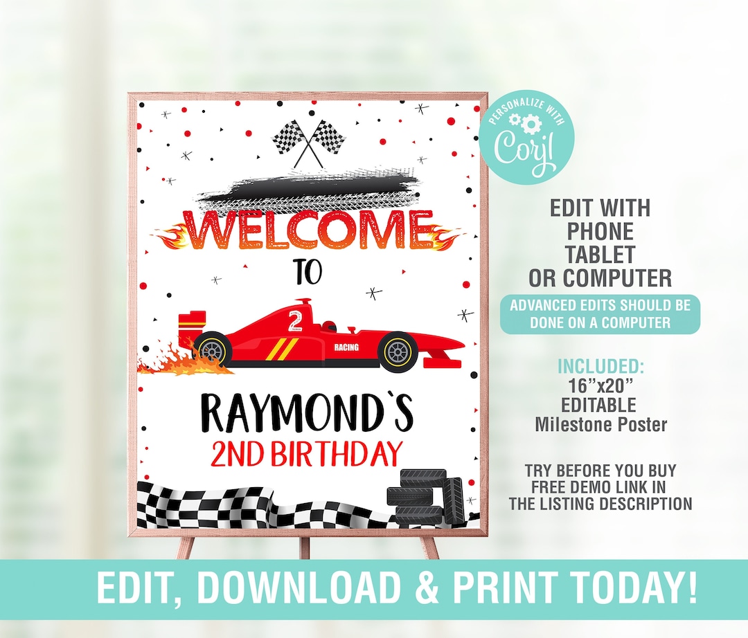 Race Car Welcome Sign, Two Fast 2nd Birthday Sign, Race Car Party Sign ...