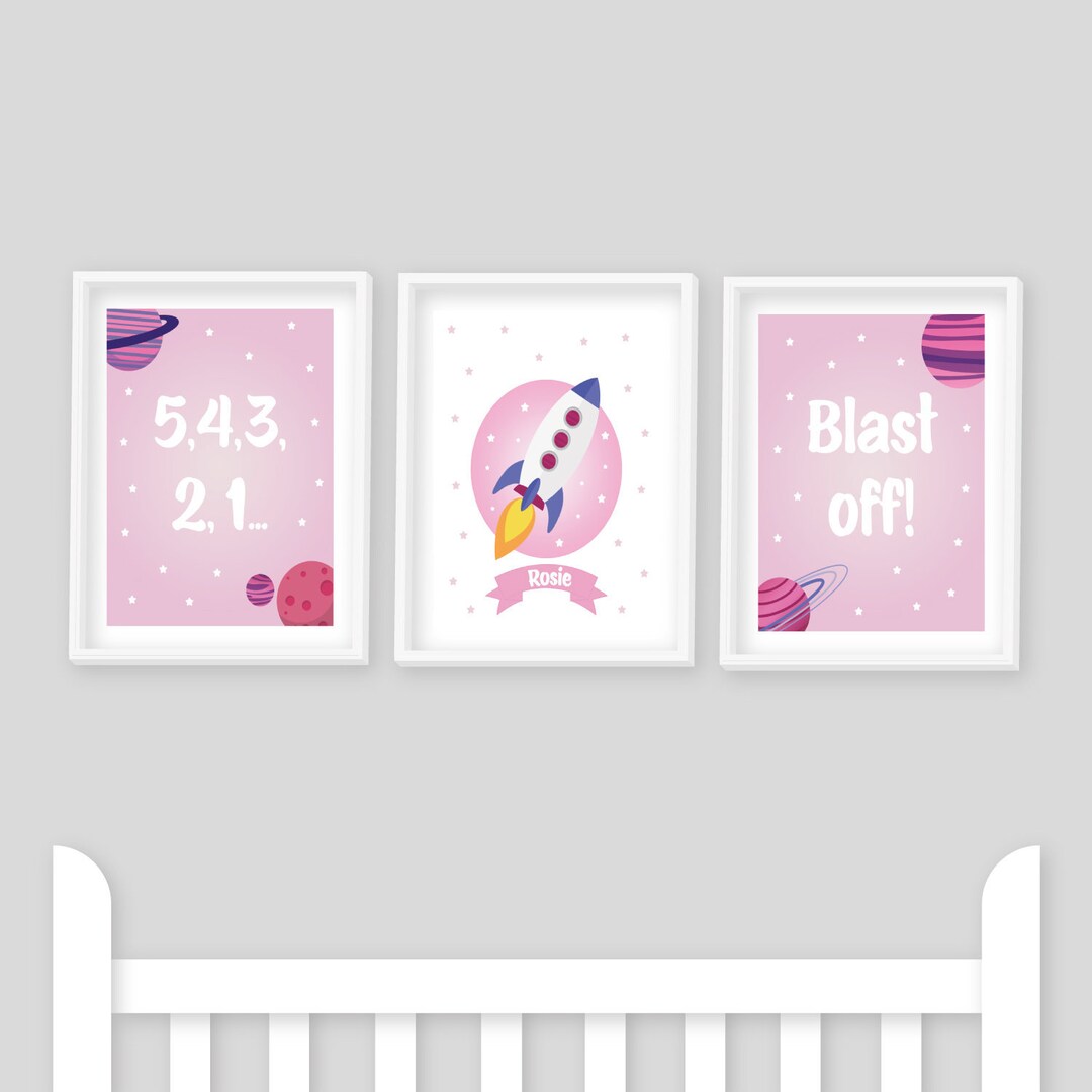 Space Nursery Prints Set of 3 Pink Personalised Baby Girl Rocket 54321 ...
