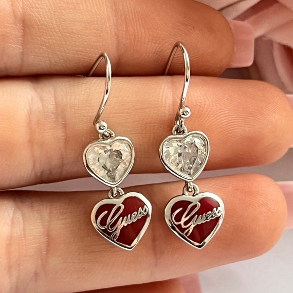 1990s Guess Red Enamel Silver Tone Love Heart Dangly Statement Pierced Earrings Etsy