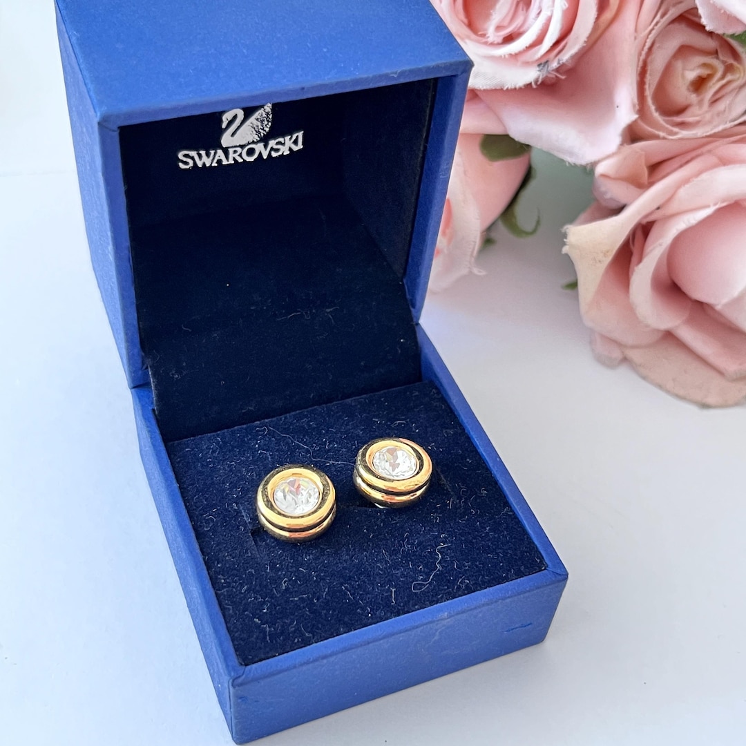 Swarovski Swan Mark Sparkly Gold Plates Crystal Halo Stud Earrings With ...