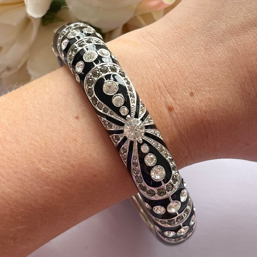 Vintage Joan Rivers Black Enamel Silver Tone Sparkly Diamanté Bangle ...