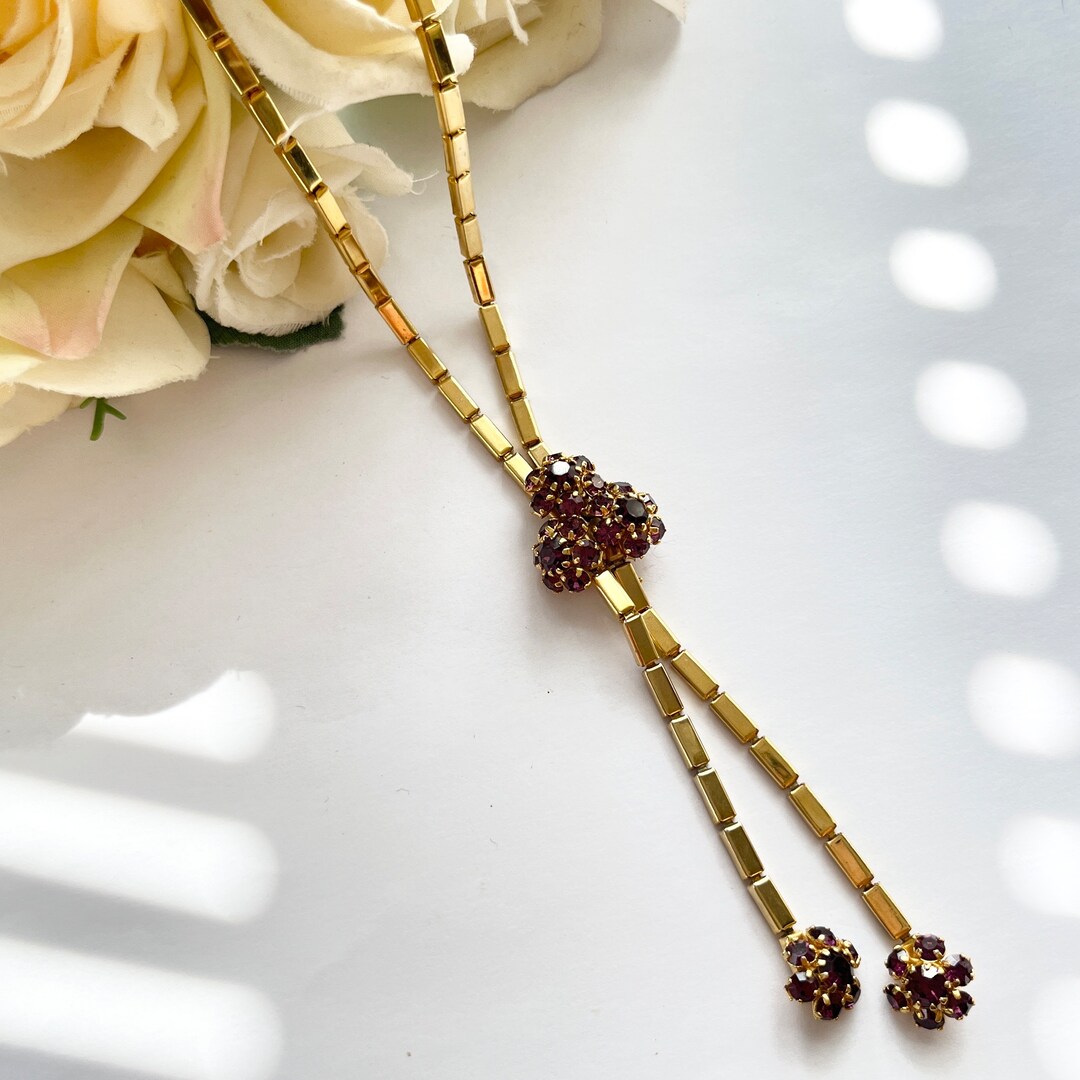 1980s Gold Plated Purple Diamanté Chain Flower Pendant Necklace - Etsy