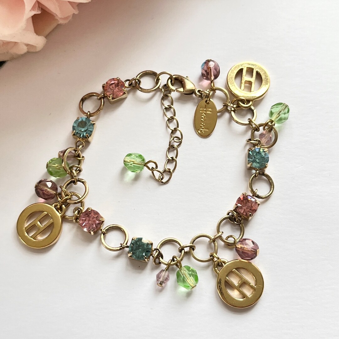 1980s Harrods Gold Plated Colourful Crystal Bead Chain Charm Bracelet ...