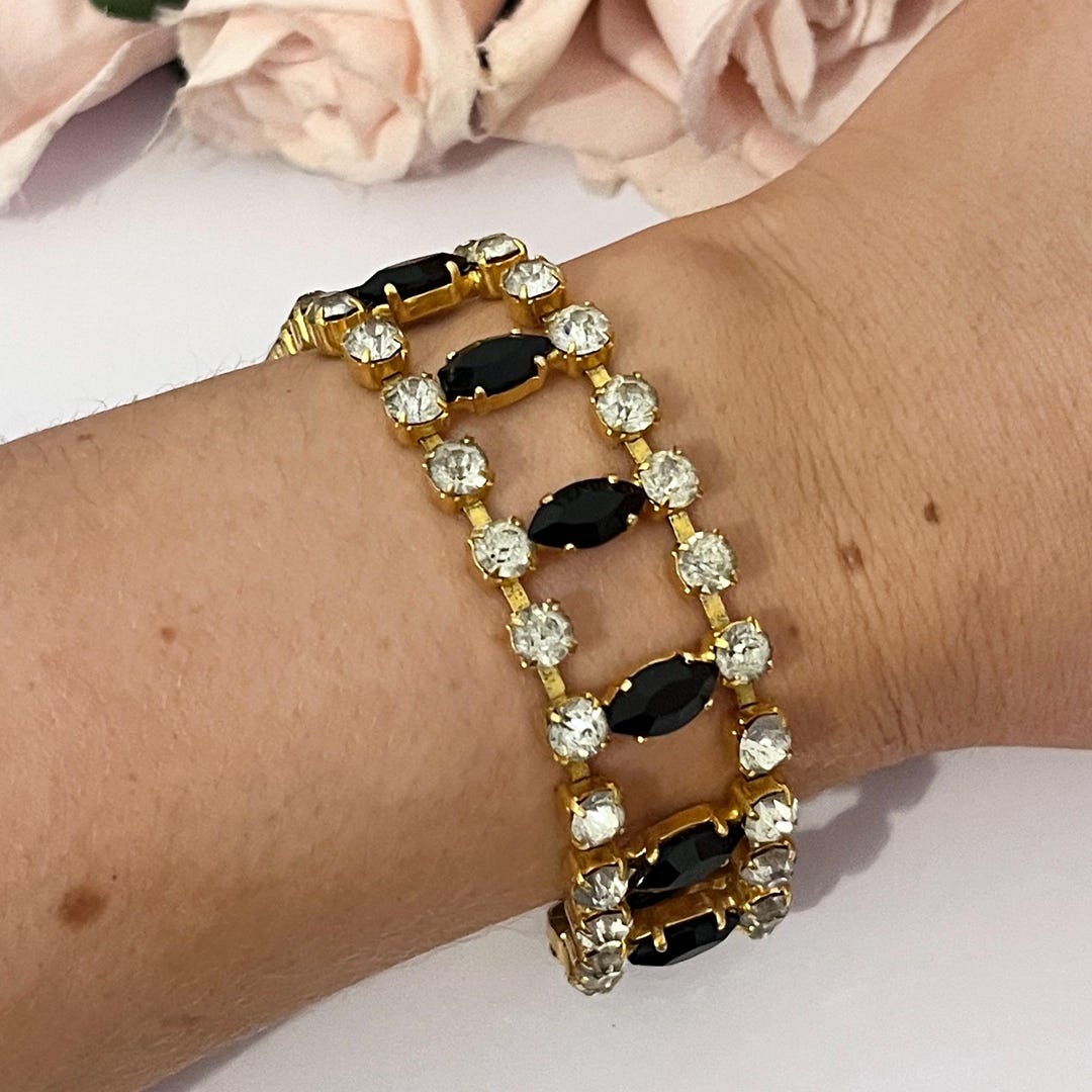 Gorgeous 1980s Gold Plated Black Diamanté Bracelet - Etsy
