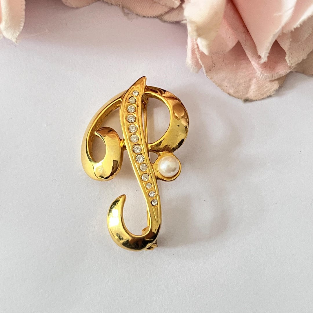 1980s Letter P Gold Plated Faux Pearl Diamanté Sparkly Brooch - Etsy