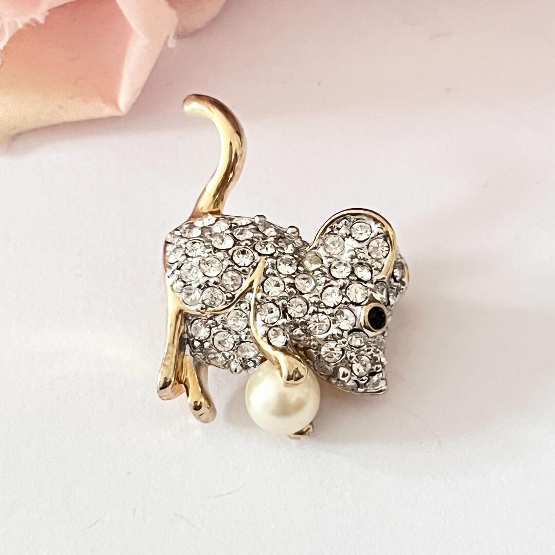 1980s Sparkly Gold Plated Cute Mouse Diamanté Faux Pearl Brooch - Etsy