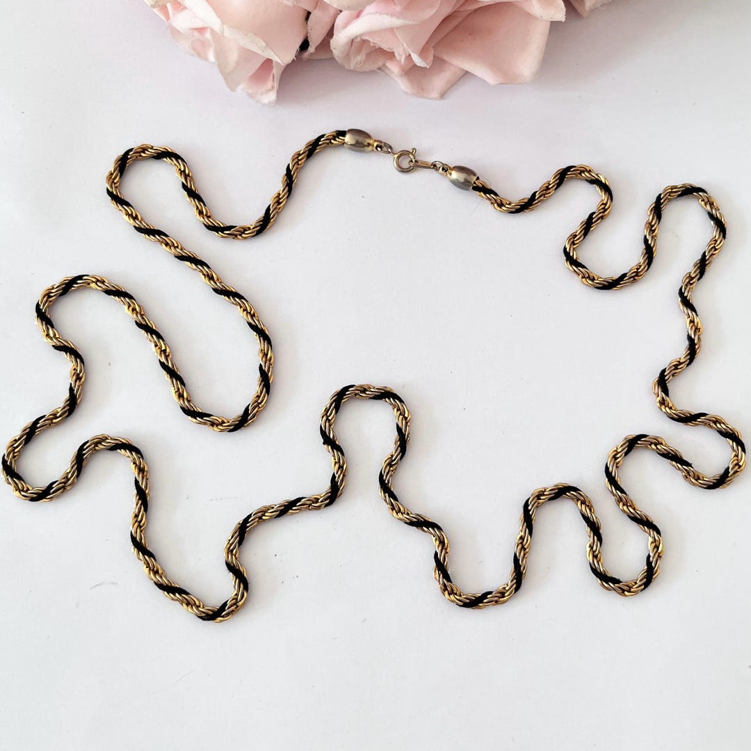 Trifari 1980s Black Rope Gold Plated 37 Inch Long Chain Necklace - Etsy