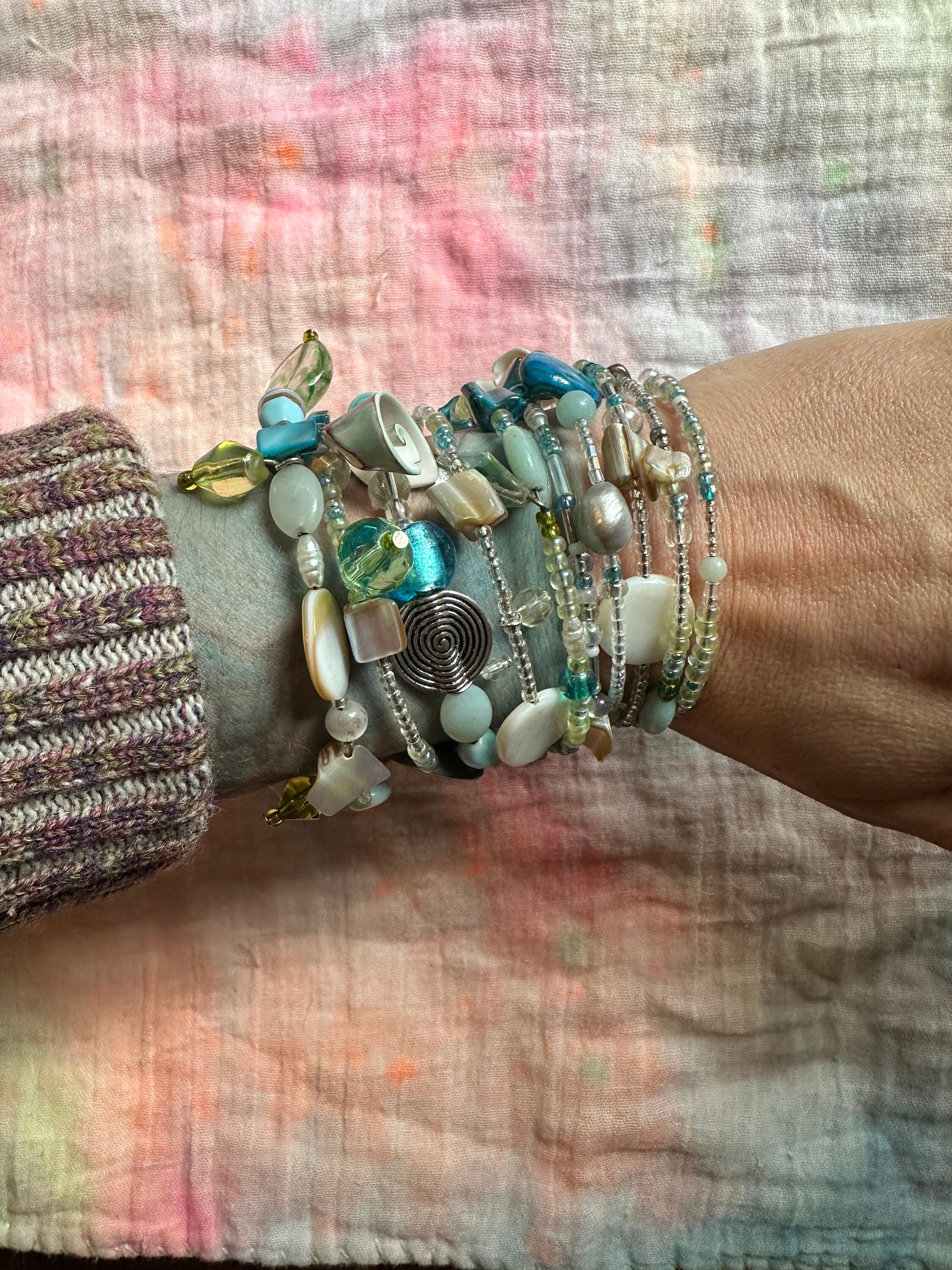 Salty Winds Bangle 10 Layer Coil Springy Bracelet Upcycled Beads ...