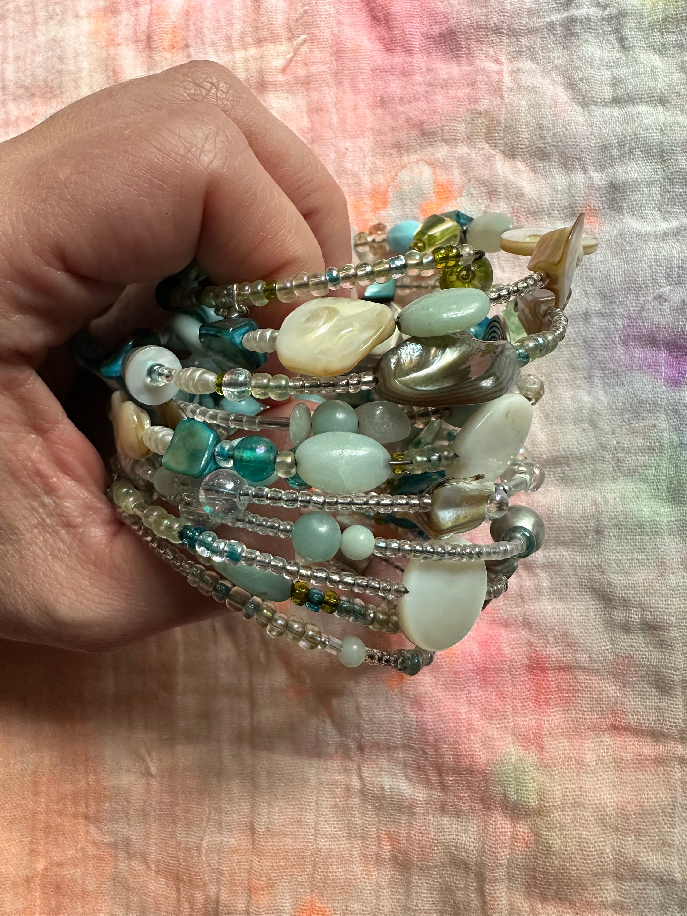 Salty Winds Bangle 10 Layer Coil Springy Bracelet Upcycled Beads ...