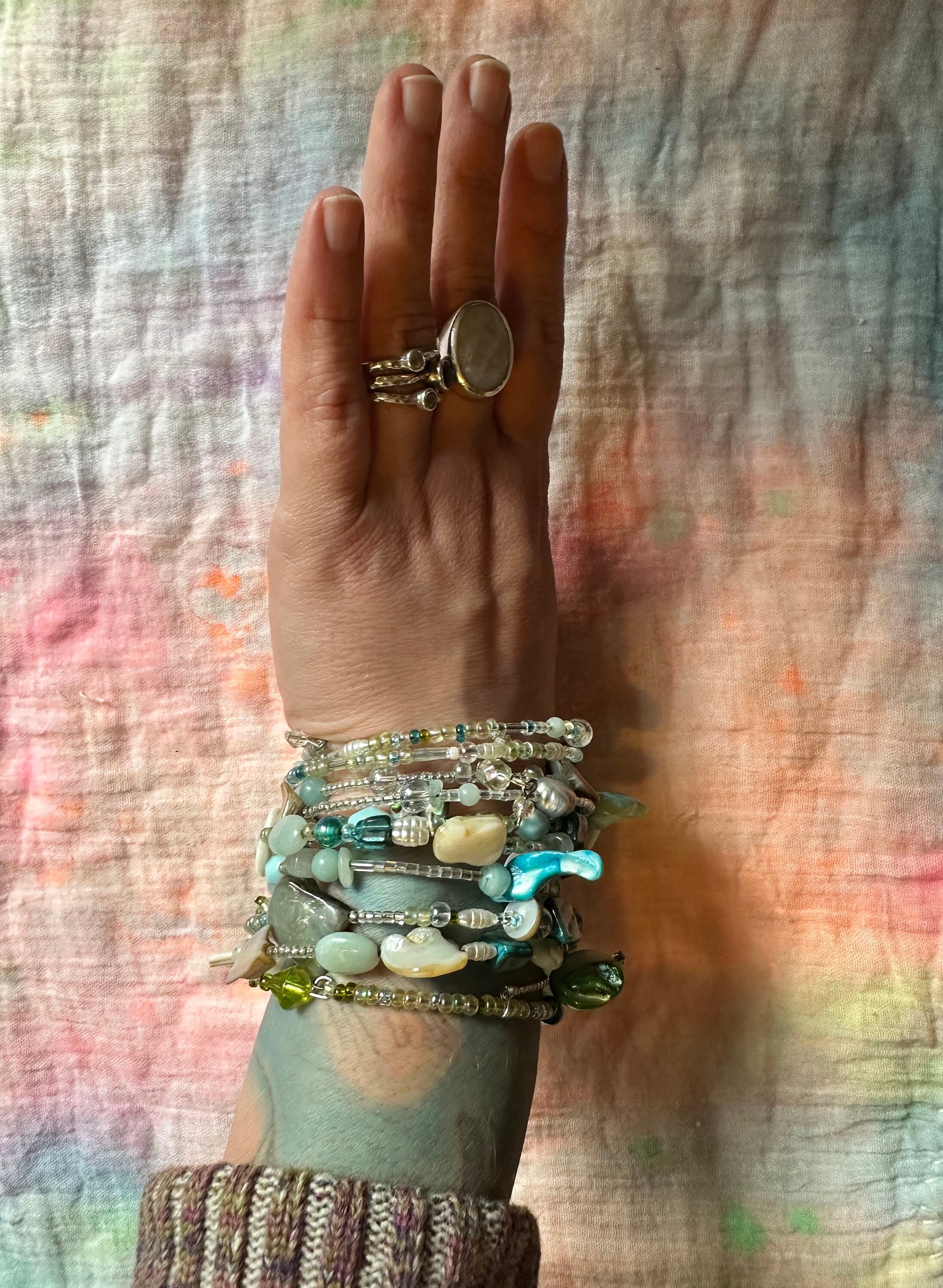 Salty Winds Bangle 10 Layer Coil Springy Bracelet Upcycled Beads ...