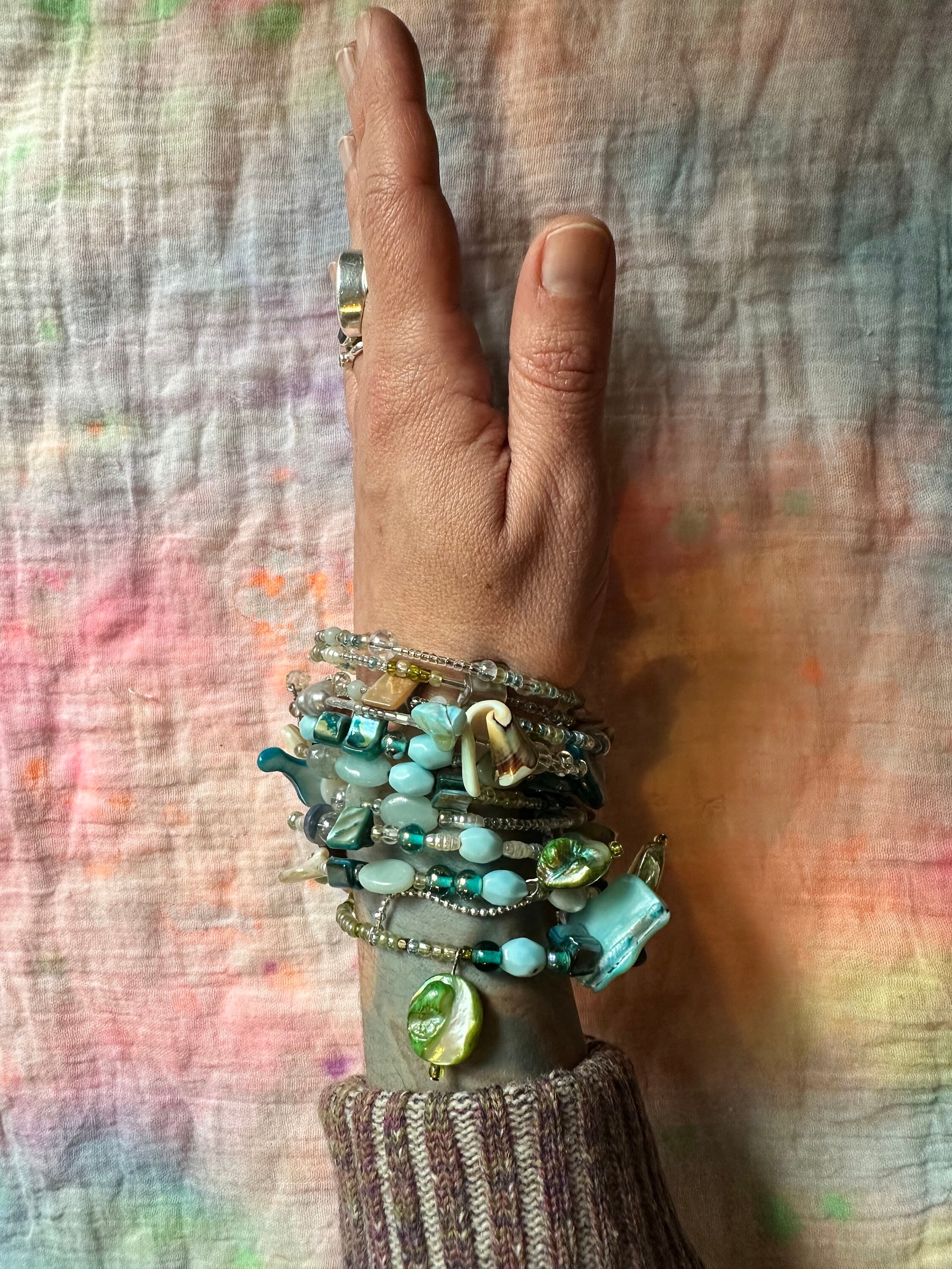 Salty Winds Bangle 10 Layer Coil Springy Bracelet Upcycled Beads ...