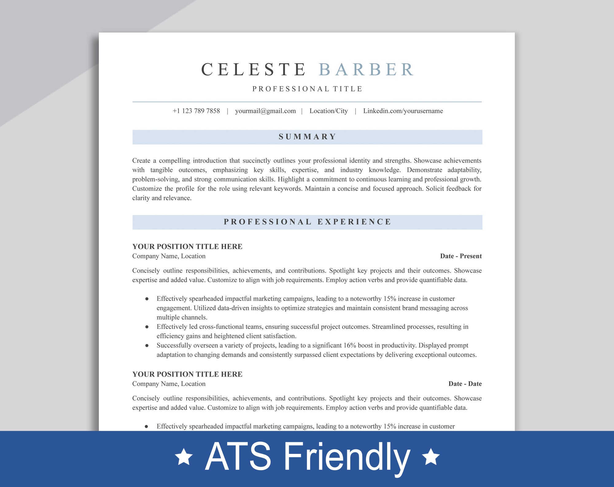 ATS Resume Template for Word & Google Docs ATS Friendly - Etsy
