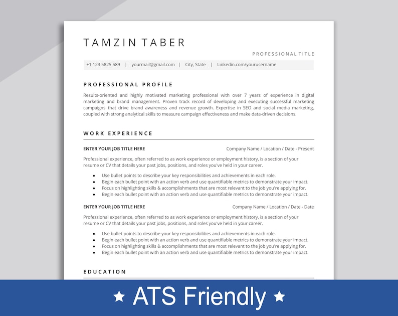 ATS Friendly Resume Template ATS Resume Template Word - Etsy