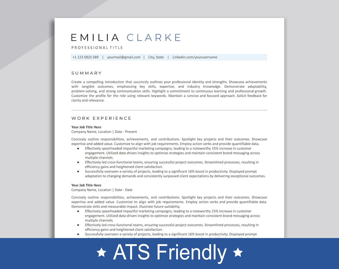 ATS Friendly Resume, Resume Template Word, Google Docs Resume, ATS Cv ...