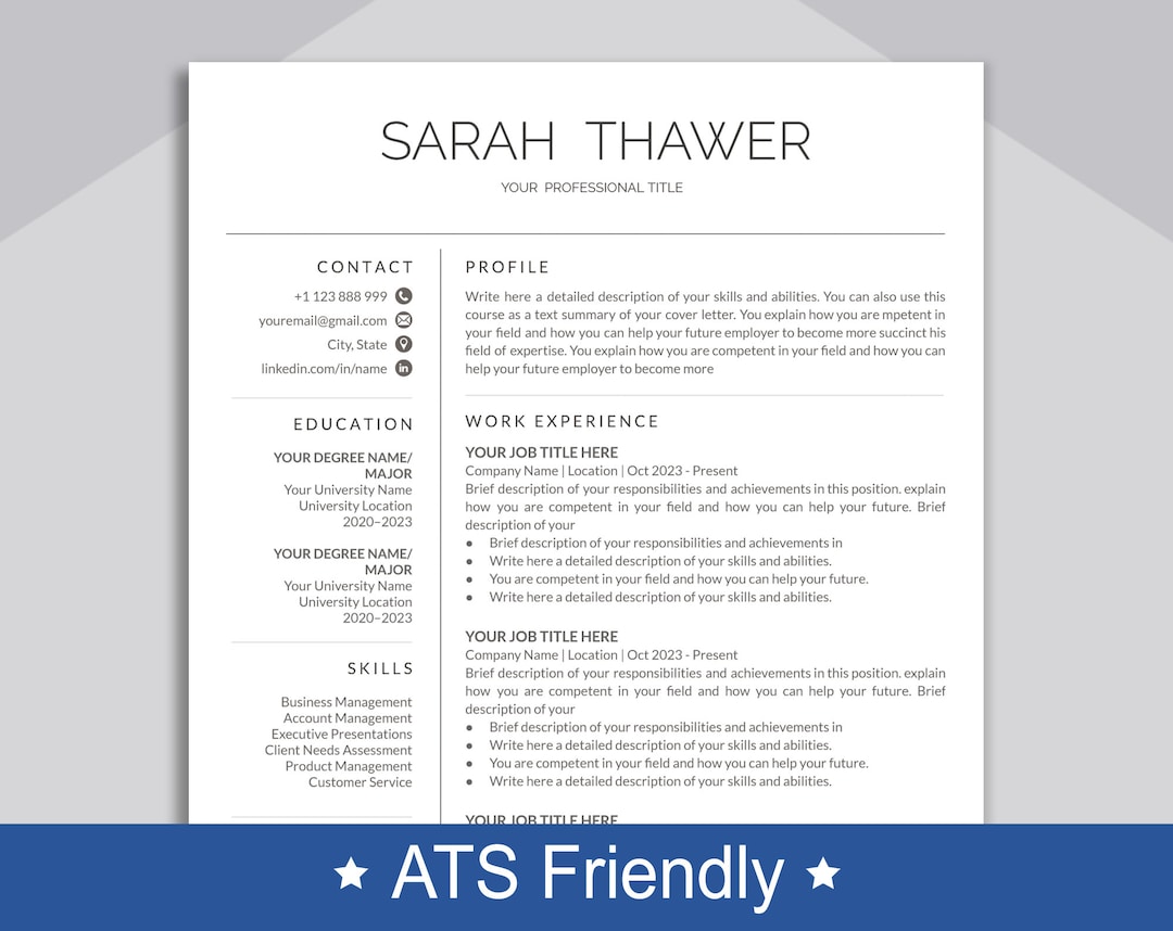 ATS Friendly Resume Template Word Google Docs Resume ATS - Etsy