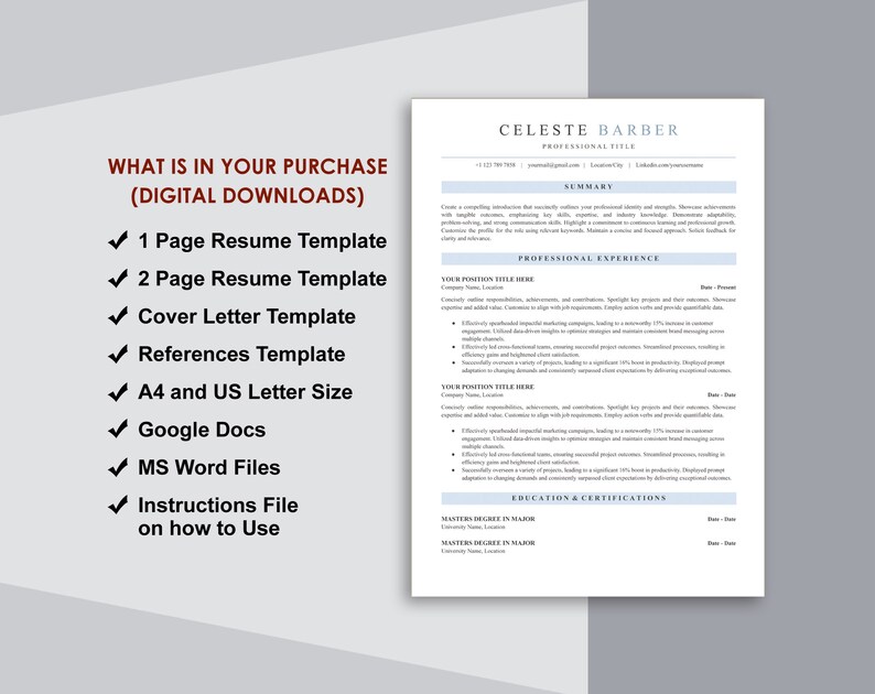 ATS Resume Template for Word & Google Docs ATS Friendly - Etsy