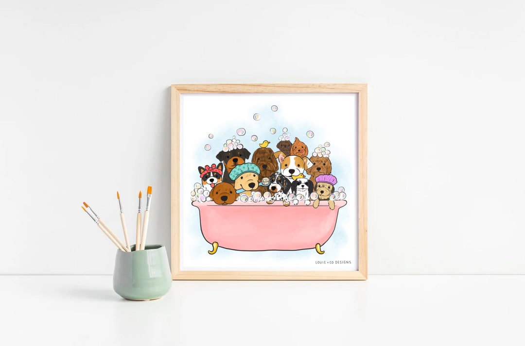 Puppy Bathtime Print, Dogs in a Bathtub Print, Bathroom Decor, Dogs ...