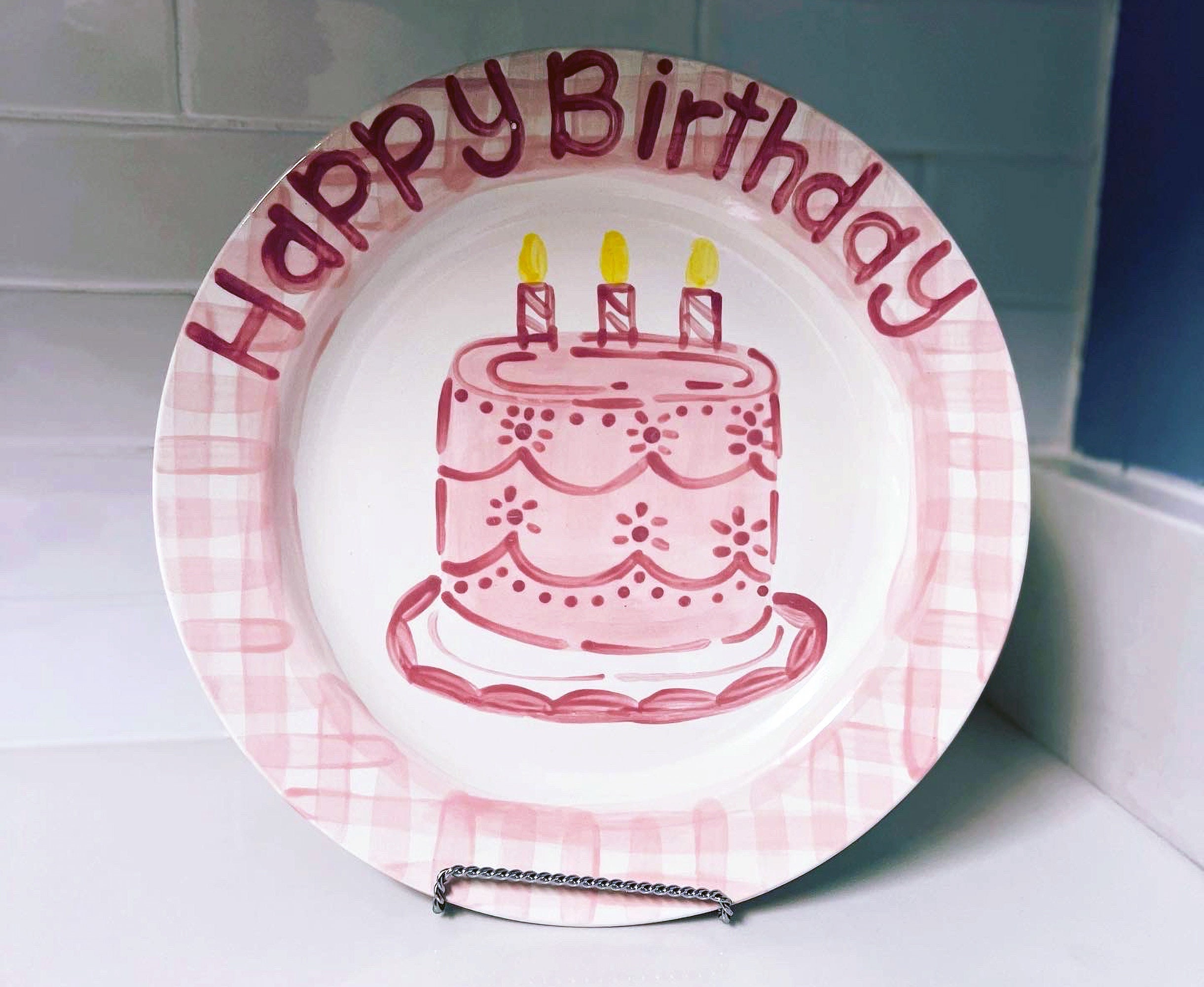 Pink Gingham Cake Happy Birthday Plate 11" - Etsy