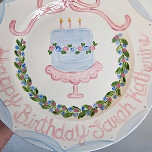 Scalloped Happy Birthday Cake Plate With Bow and Floral Accent - Etsy