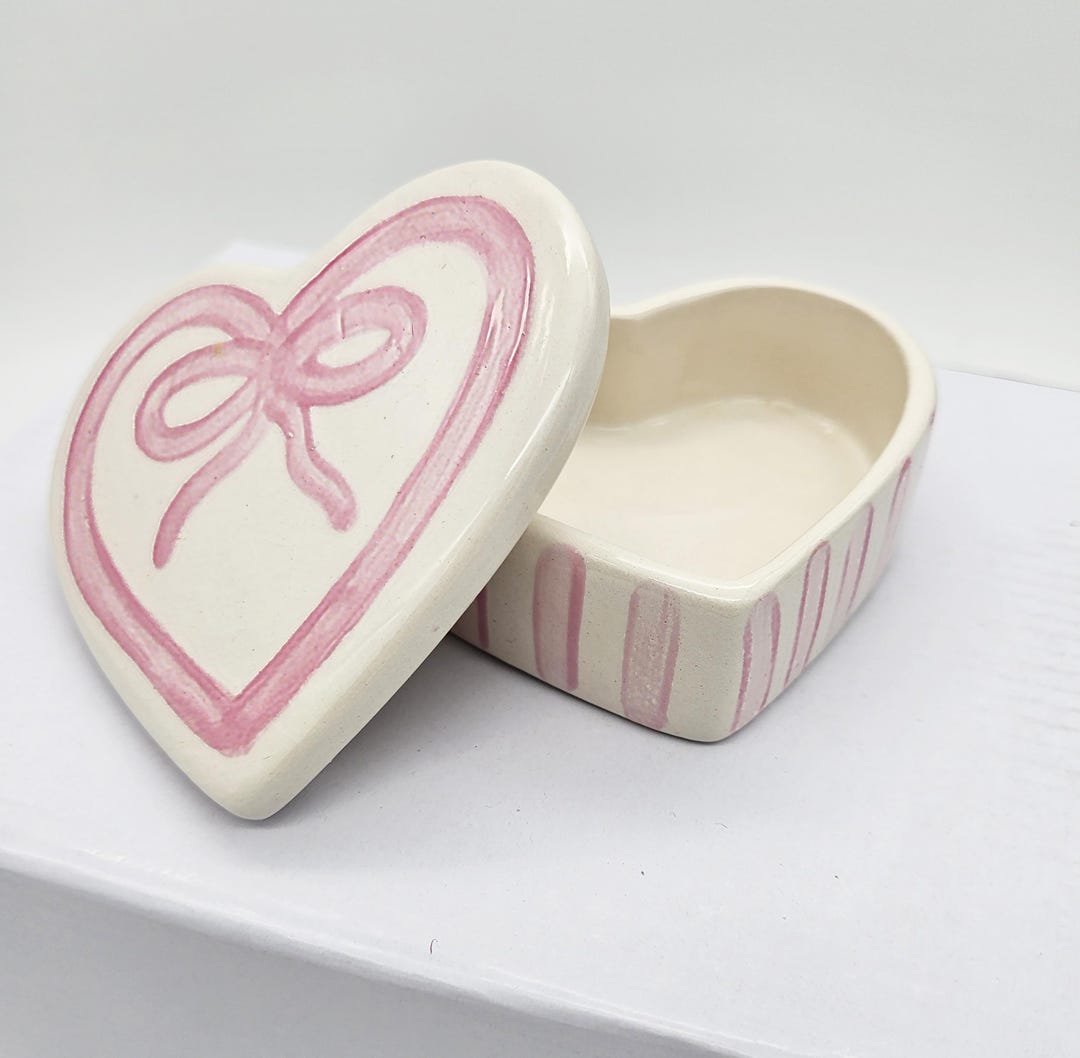 Ceramic Heart Box Pink Bow - Hand Painted, Personalized Keepsake ...