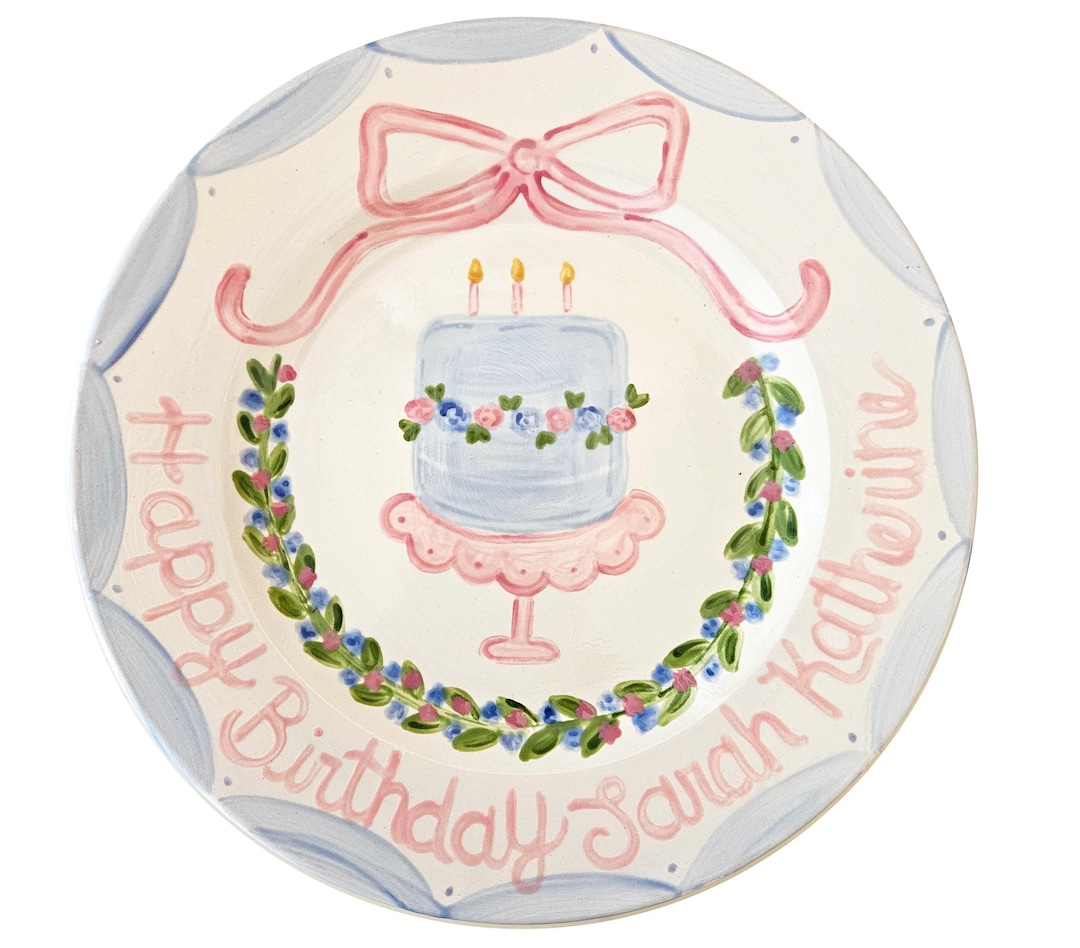 Scalloped Happy Birthday Cake Plate With Bow and Floral Accent - Etsy