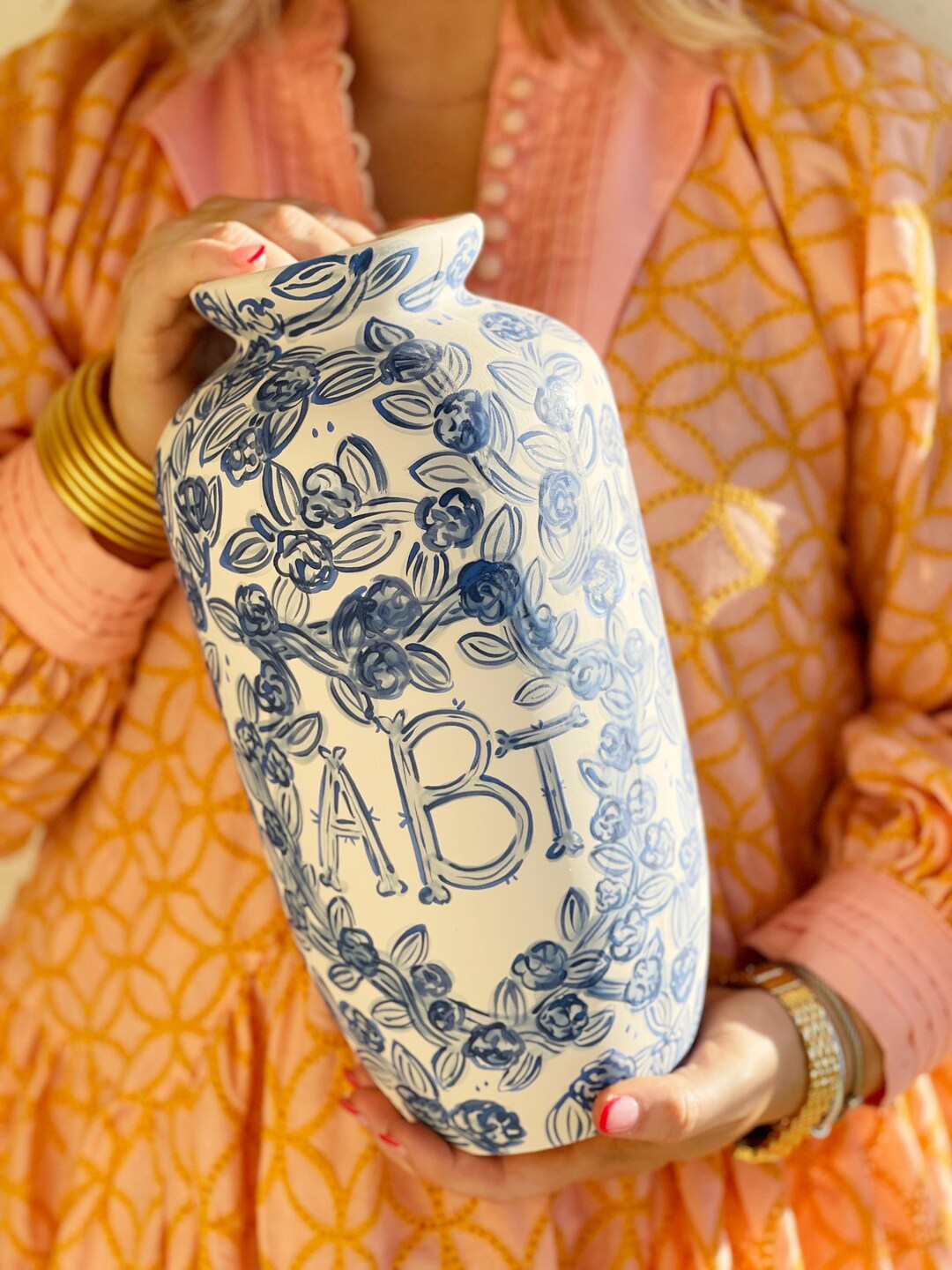 Hand Painted Chinoiserie Monogram Vase - Blue and White Floral - Etsy