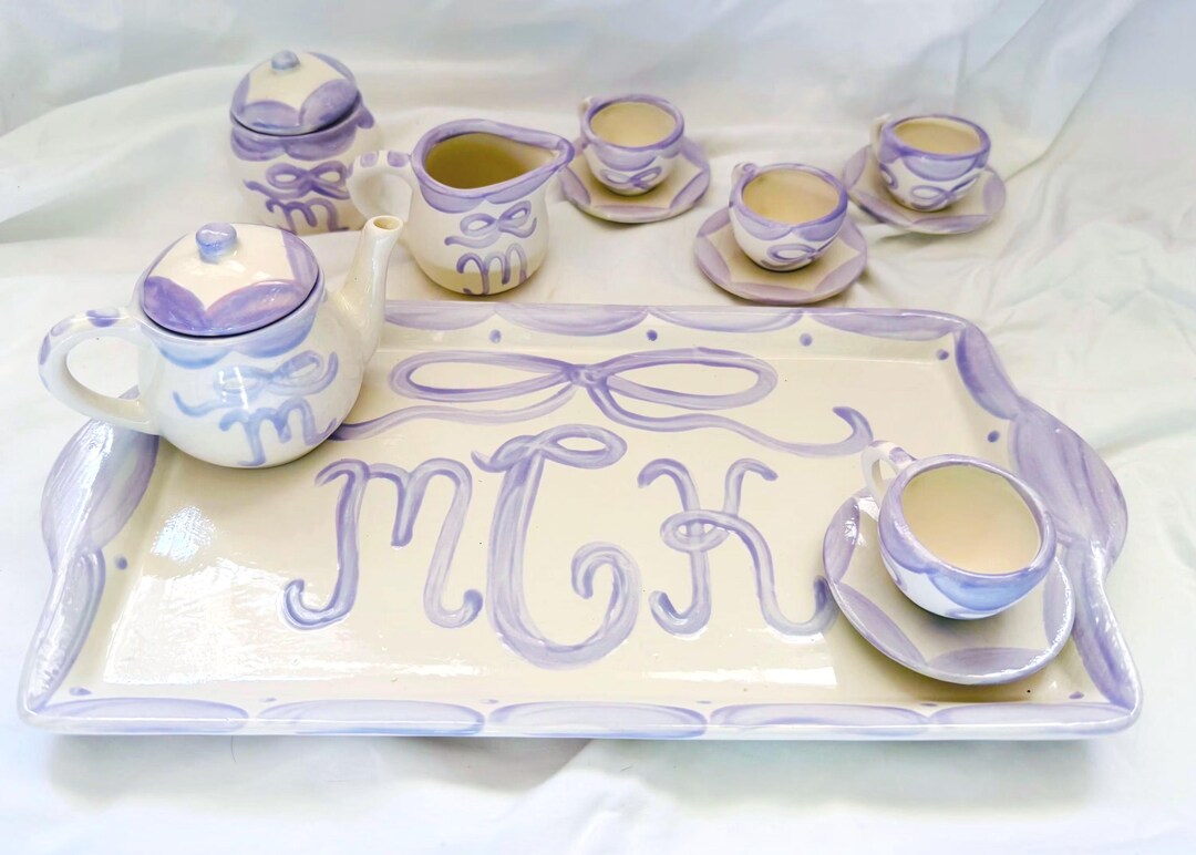 Hand Painted Ceramic Tea Set: Lavender Bow, Tea Party Play - Etsy