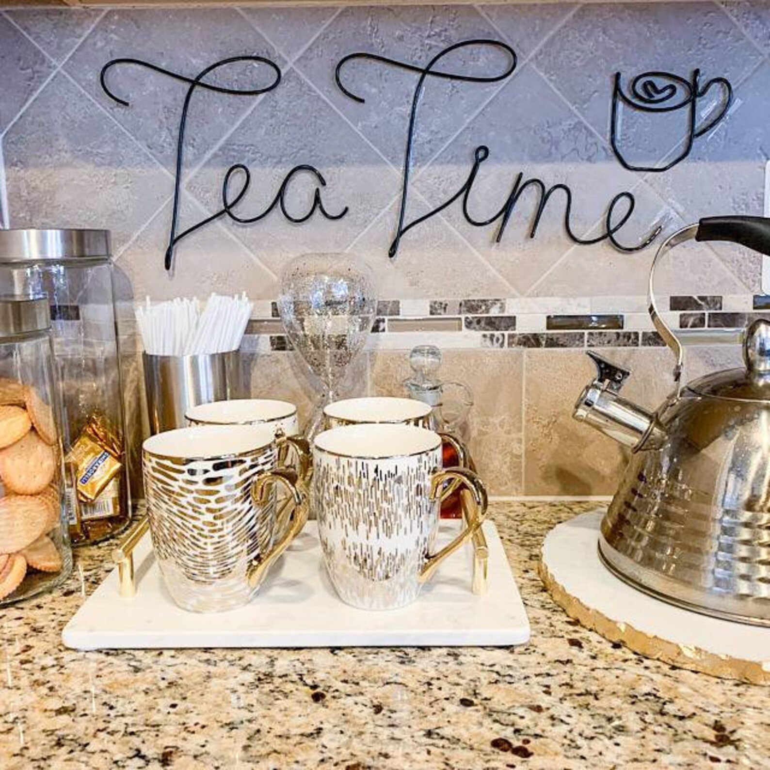 Tea Time Sign With Cup - Wire Words [tea Sign -kitchen Decor -office ...