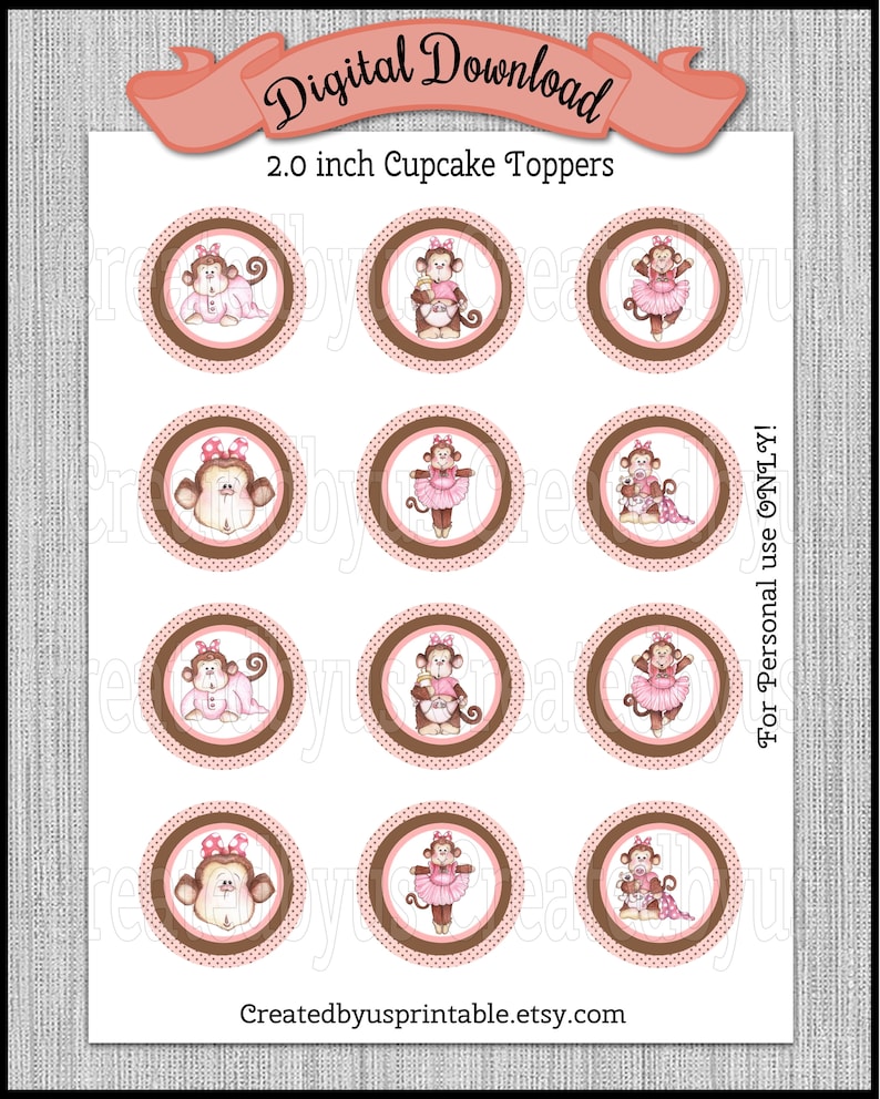 Monkey Cupcake Toppers Girl Monkey Birthday Party 2.0 Inch Circle ...