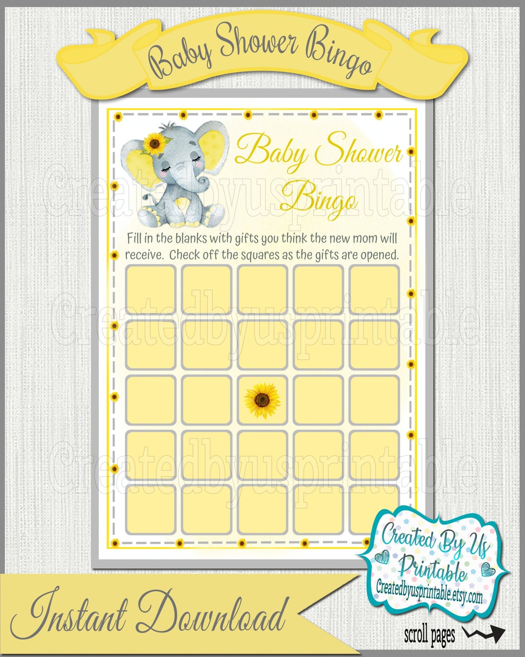 Elephant Baby Shower Game Girl Elephant Bingo Game Cards Yellow ...