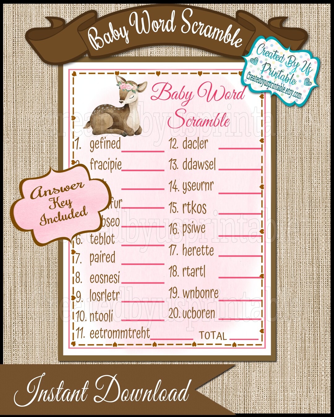 Deer Baby Shower Game Girl Deer Baby Word Scramble Game Cards Oh Deer ...