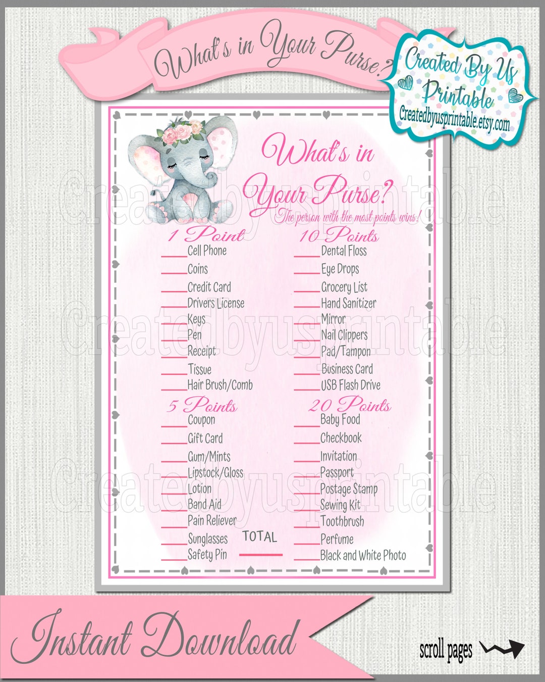 Elephant Baby Shower Game Cards Pink Floral Sleeping Elephant Baby Girl ...