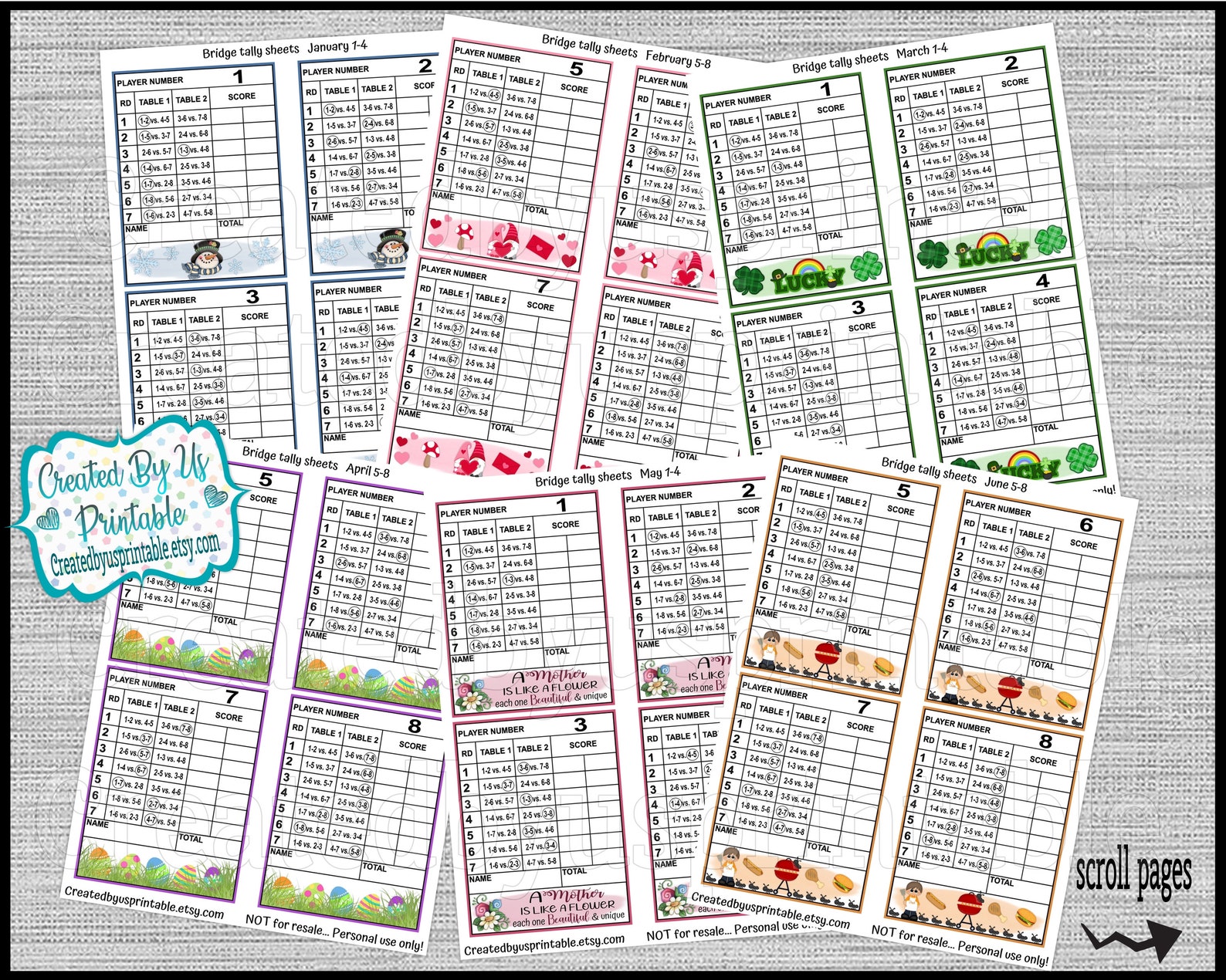 Bridge Tally Cards Bridge Tally Sheets Month Themed Bridge Game ...