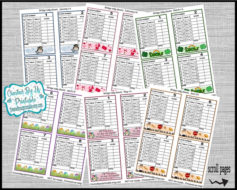 Bridge Tally Cards Bridge Tally Sheets Month Themed Bridge - Etsy