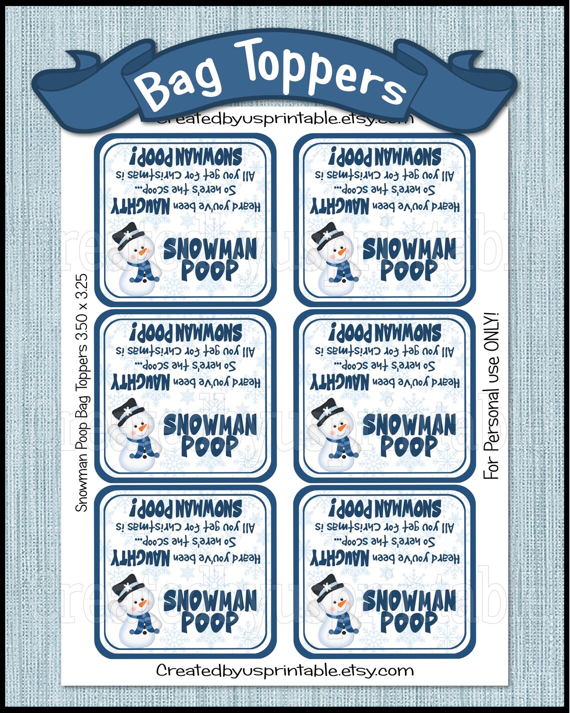 Snowman Poop Bag Toppers Treat Bag Toppers Printable Christmas - Etsy