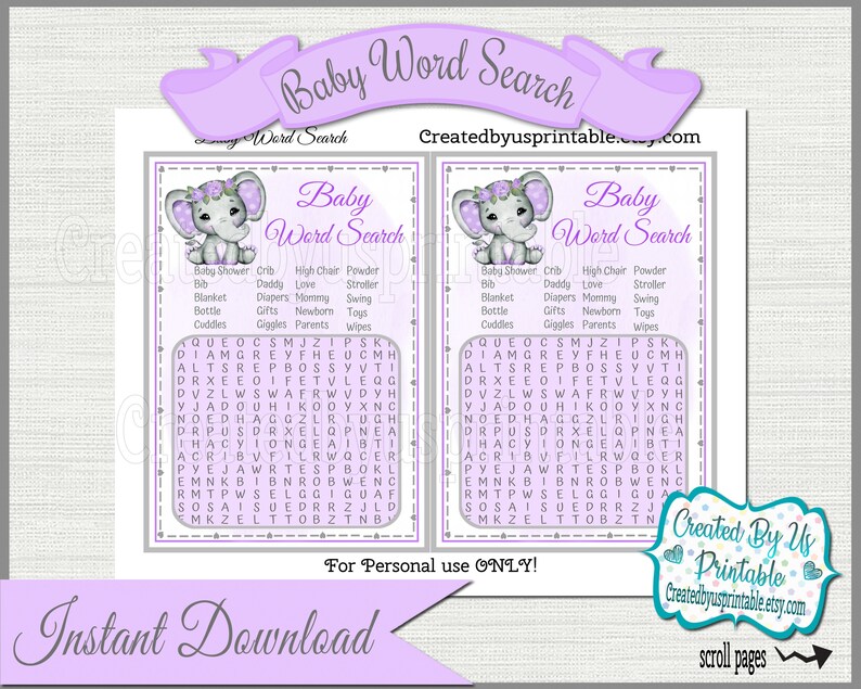 Elephant Baby Shower Game Girl Elephant Word Search Game Cards - Etsy